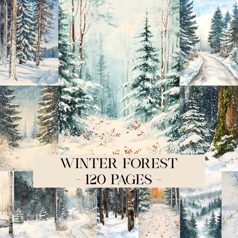 Winter Forest Digital Papers, Snowy Woodland Junk Journal Pages ...