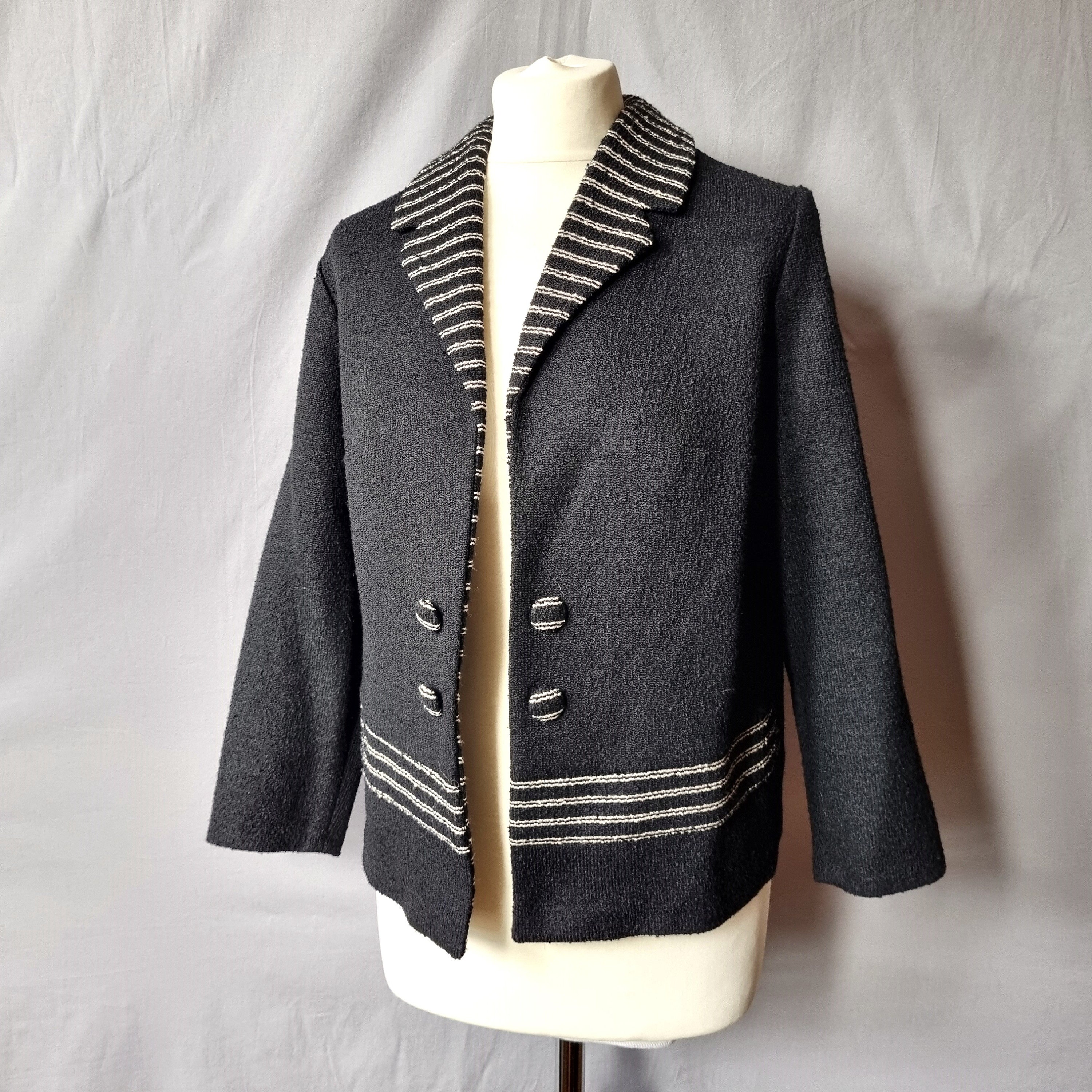 Berkertex Blazer Boxy Fit 60s 70s Black Beige Boucle Stripes Size UK 14 ...