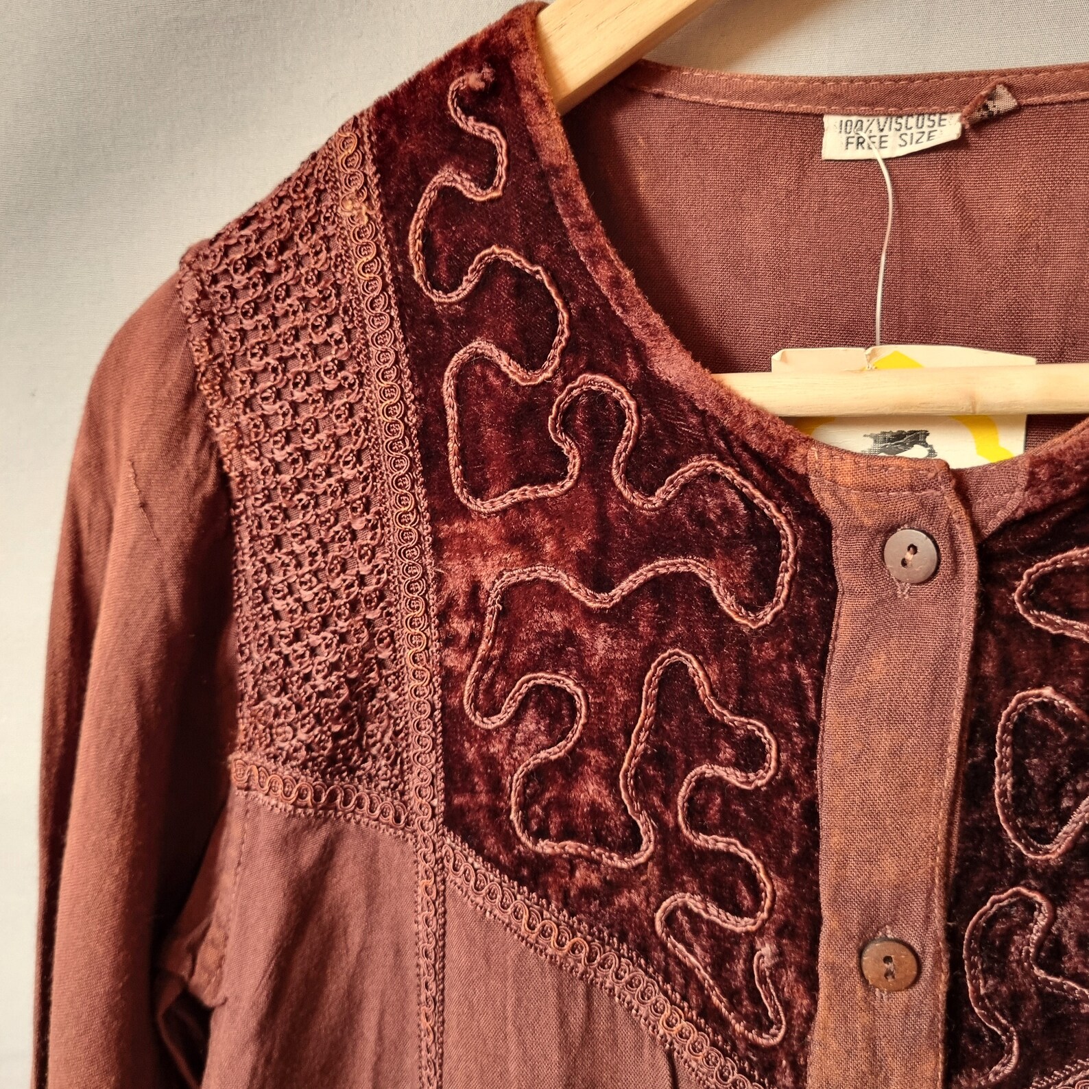 90s Grunge Boho Blouse Brown Top Velvet Embroidery Size Xsmall Xxsmall ...