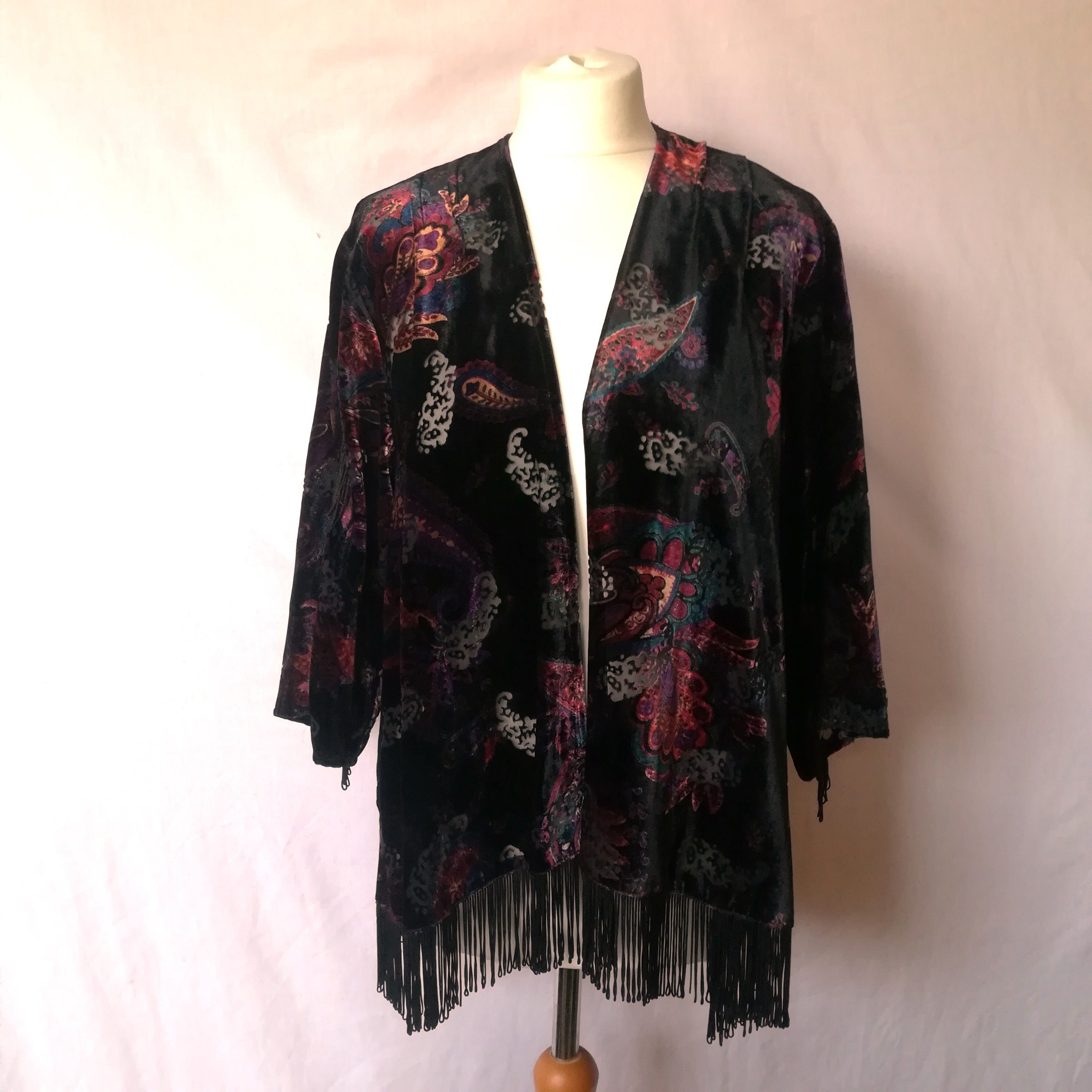 Velvet Fringe Jacket Kimono Size Medium Devore Burn Out Velvet Hippie ...
