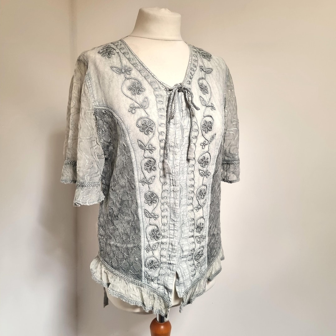 90s Boho Blouse Light Grey Silver Top Embroidery Size Small Medium ...