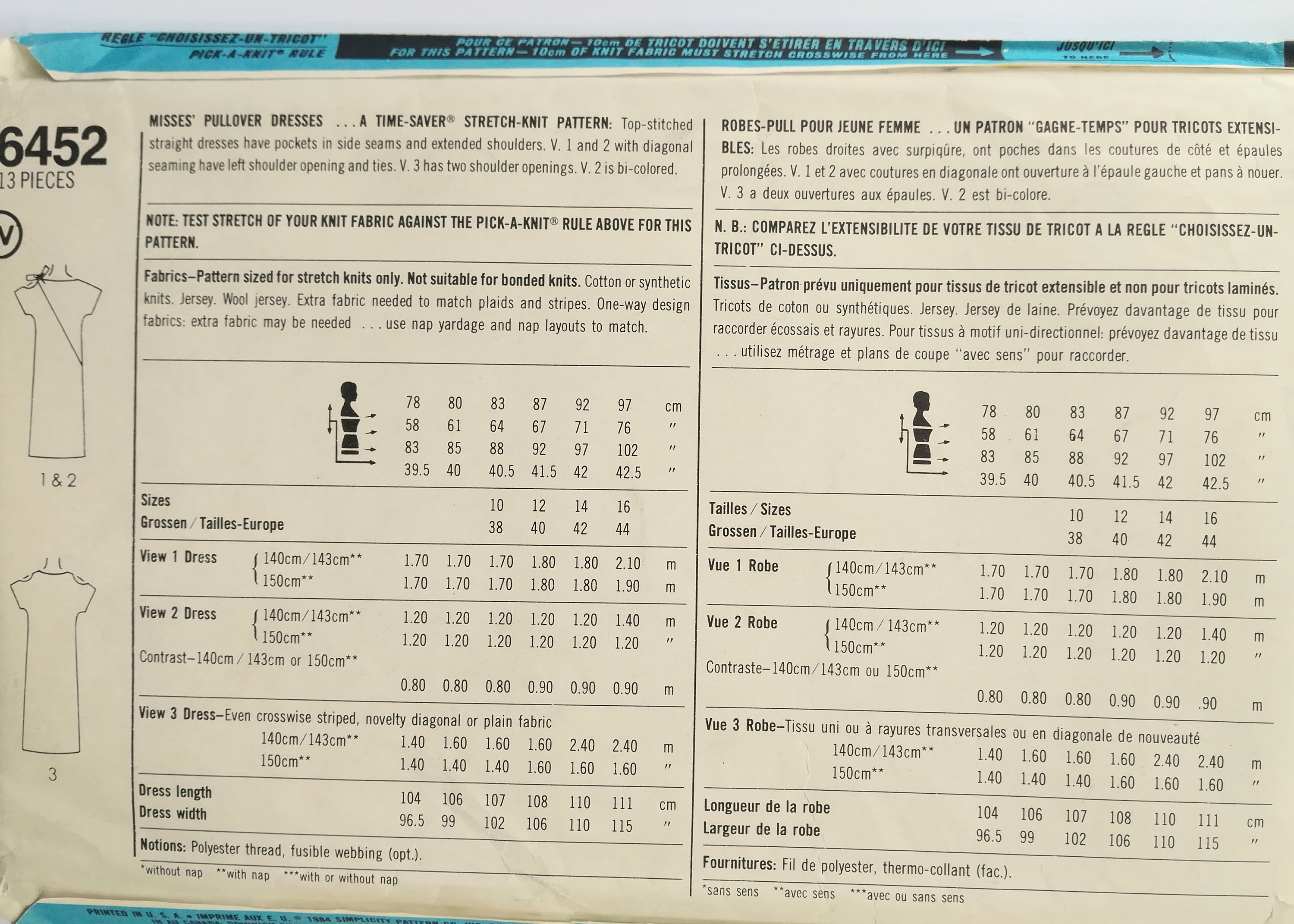 Sewing Pattern 80s Stretch Dress Jersey Dress Simplicity 6452 Size 12 ...