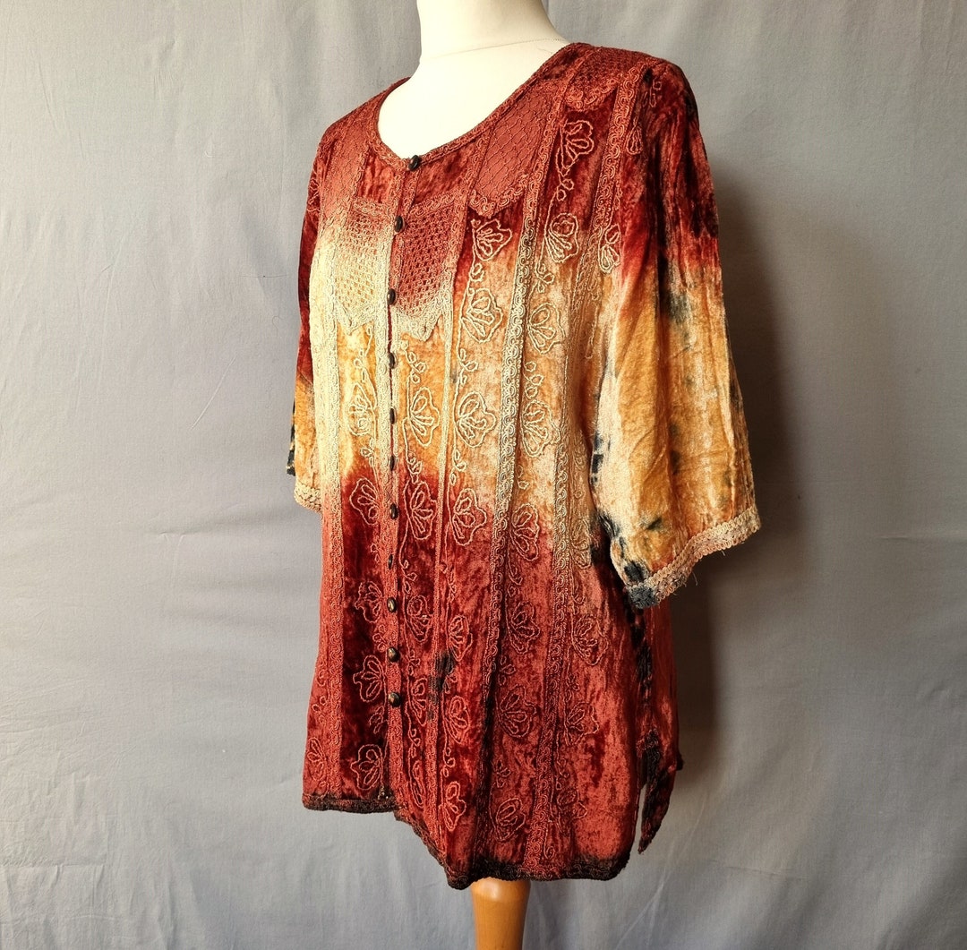 Velvet Boho Top Size UK 14 16 Large Red Brown Yellow Vintage 90s Witch ...