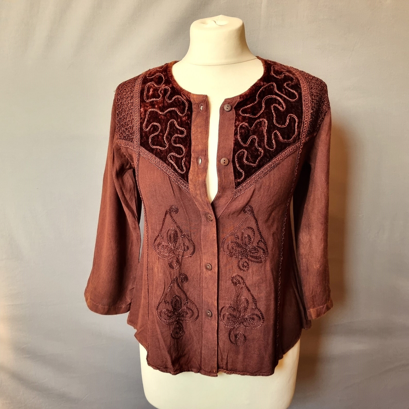 90s Grunge Boho Blouse Brown Top Velvet Embroidery Size Xsmall Xxsmall ...