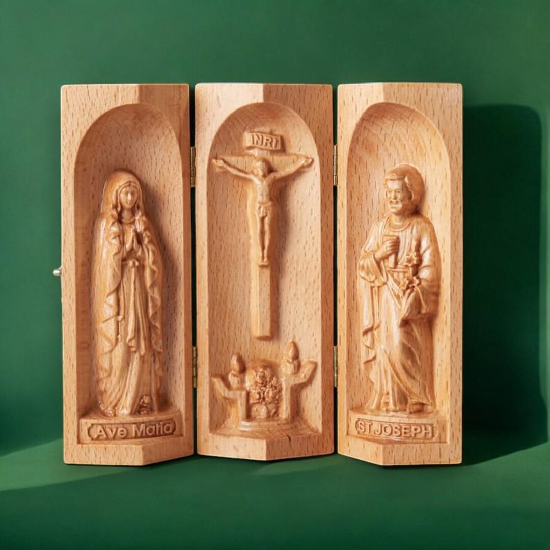 Hand Carved Wooden Holy Family Triptych | Catholic Prayer Shrine ...