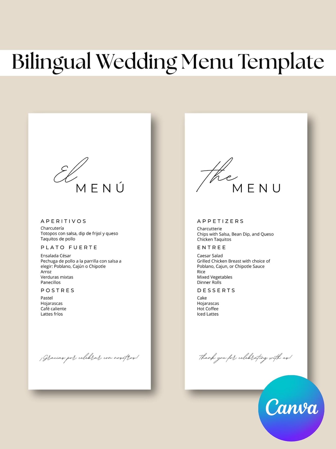 Bilingual Wedding Menu Template | English & Spanish (instant Download ...