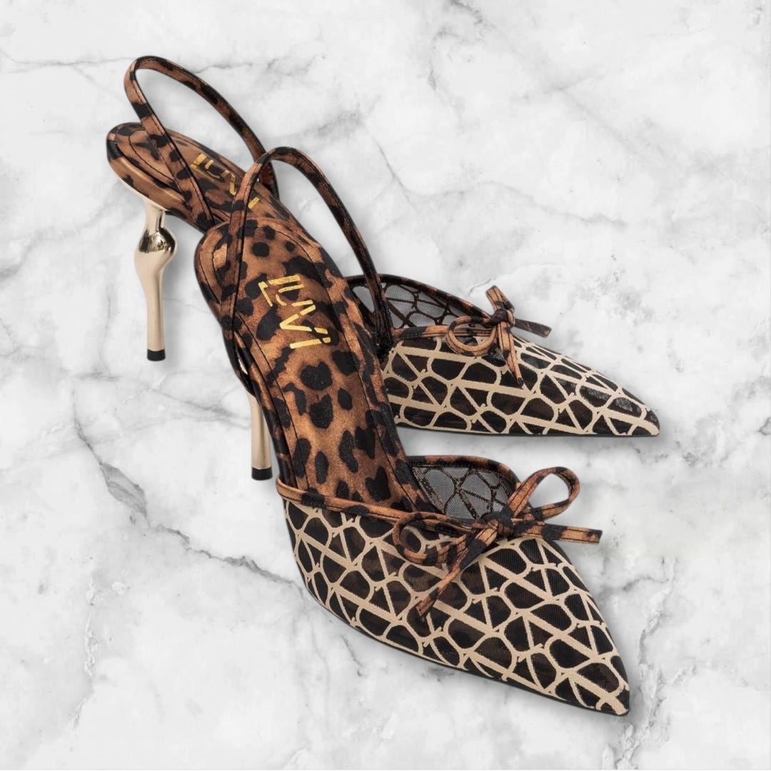 Leopard Mesh Pointed Toe Heels, Exotic High Heel Slingback Shoes With ...