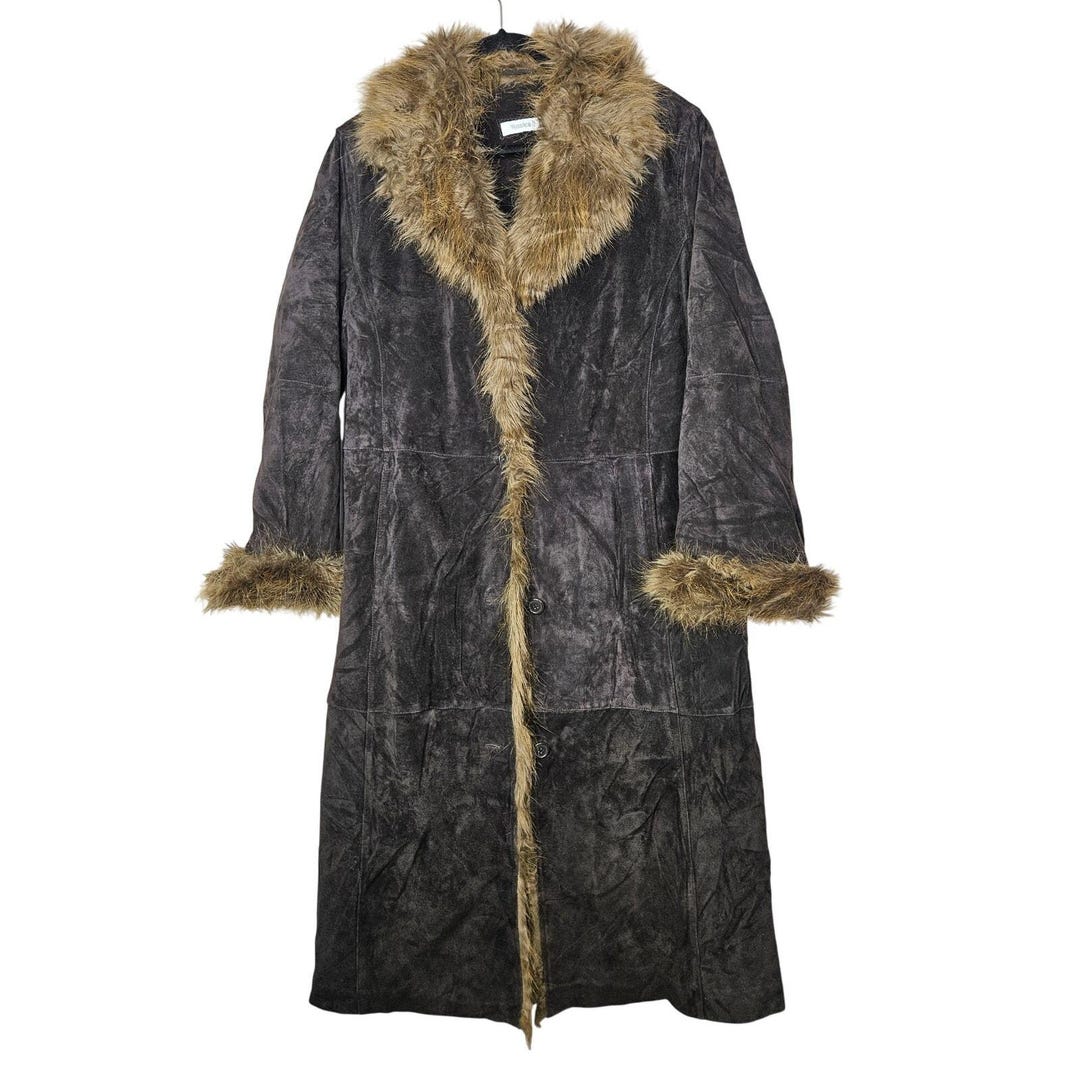 Vintage Yessica 44 Brown Leather Full Length Penny Lane Faux Fur Coat ...