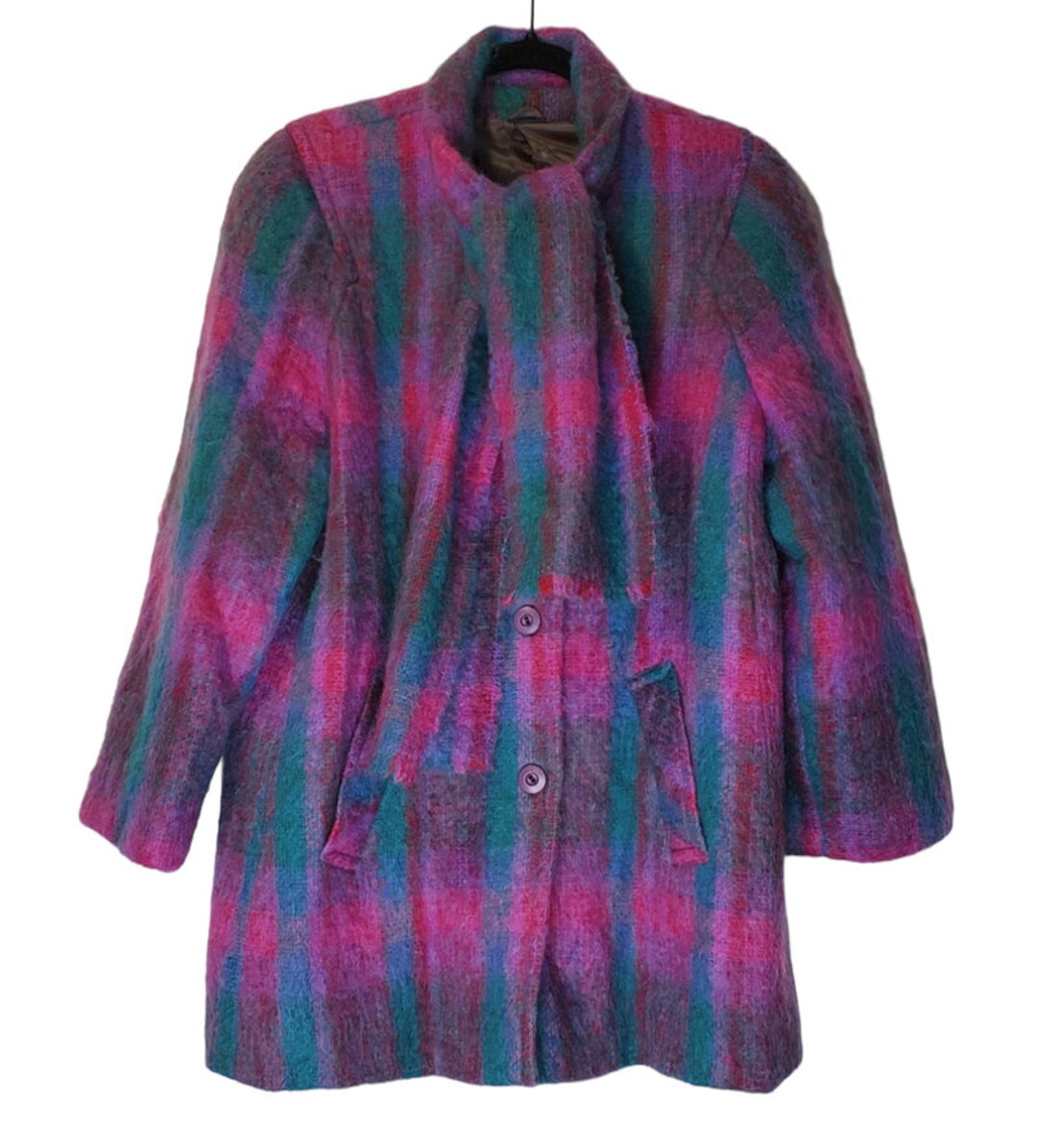Vintage 80s Mohair 10 Donegal Design Plaid Purple Scarf Tie Neck Fuzzy ...