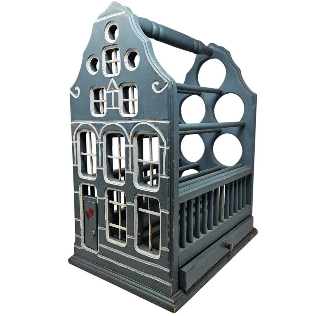 Vintage Handmade Blue Dutch Row House Magazine Wine Rack Cottage Wood ...