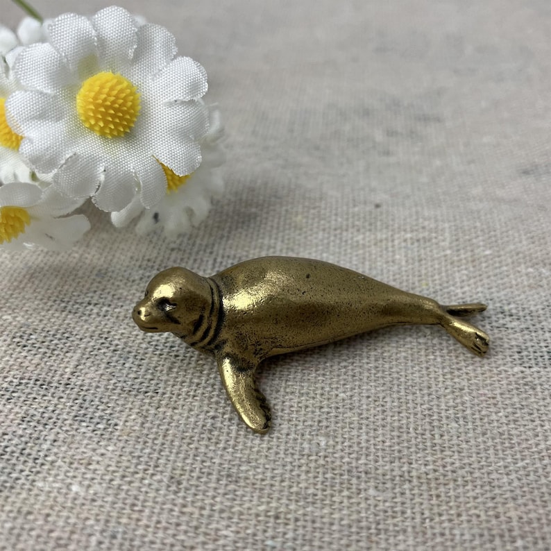 Cute Brass Seal Miniature Sculpture, Handmade Copper Animal Figurine ...