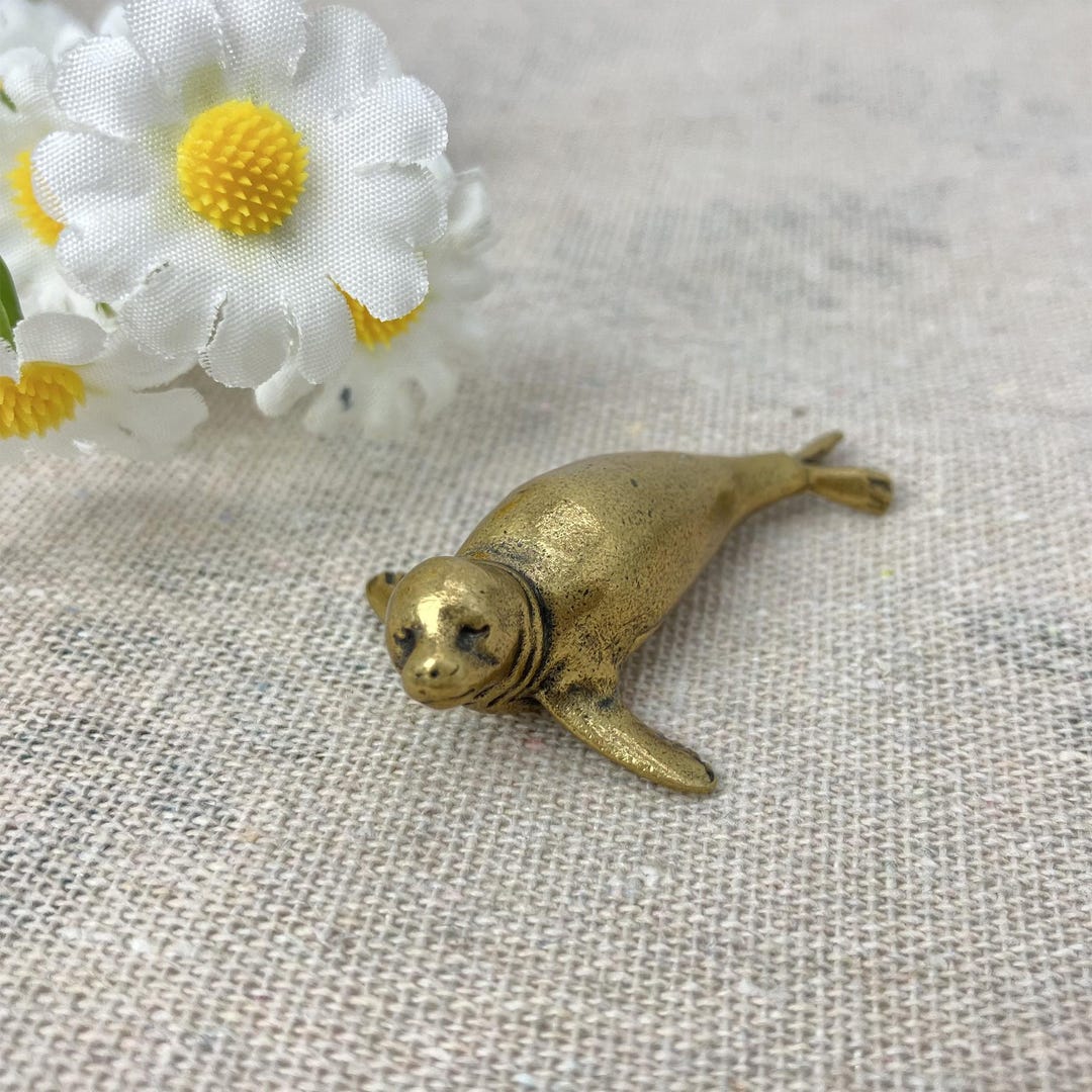 Cute Brass Seal Miniature Sculpture, Handmade Copper Animal Figurine ...