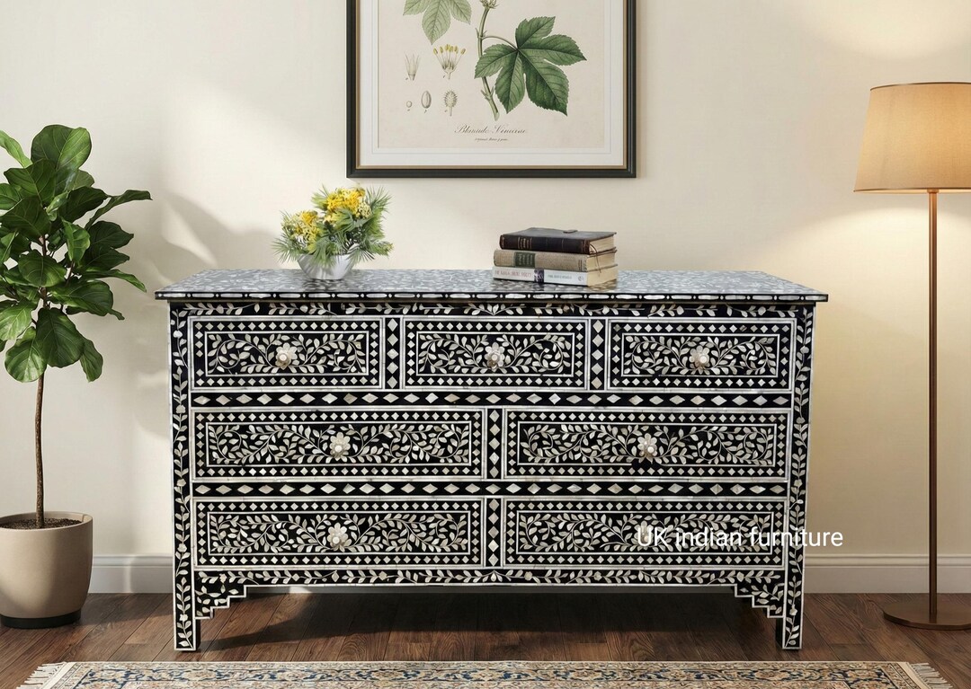 Mother of Pearl Inlay 7 Drawer Chest | Handmade Black Floral MOP ...