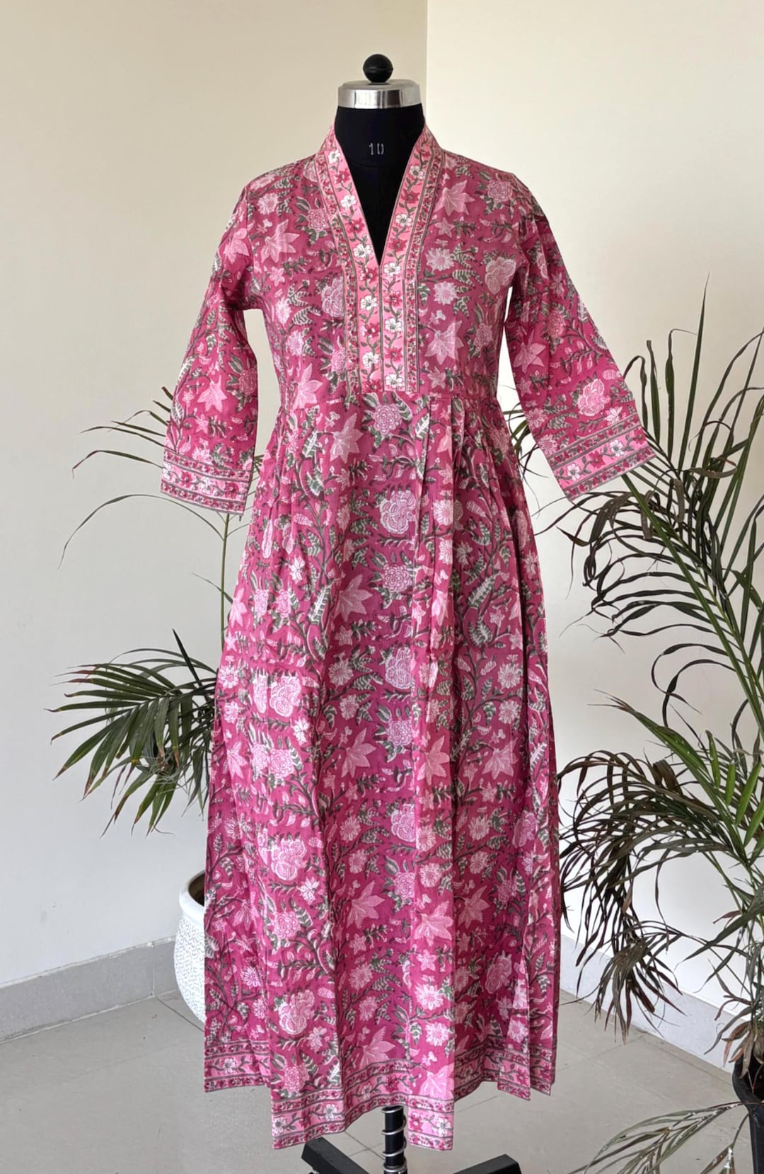 Indian Block Print Dress Pink Floral Cotton Maxi Dress Bohemian Summer ...