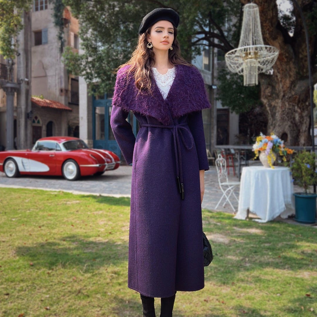 Deep Purple Wool Wrap Coat With Shearling Shawl Collar - Etsy