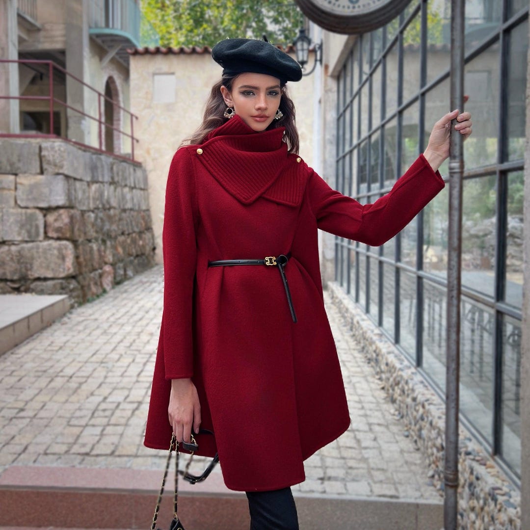 Ruby Red Wool Blend Boho Coat, Belted Funnel Neck Winter Jacket - Etsy