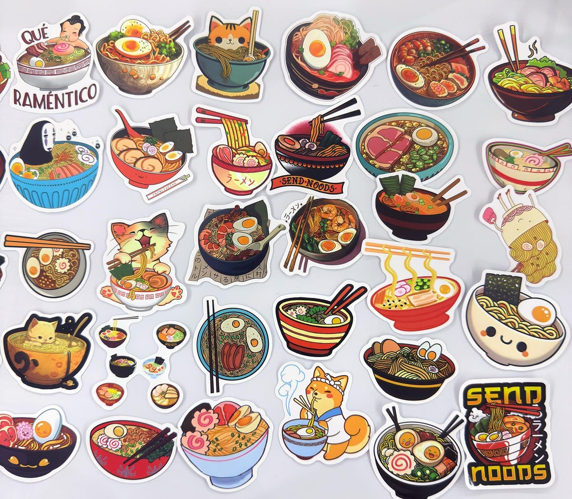 Cute Ramen Stickers Pack – Funny Noodle & Cat Vinyl Stickers ...
