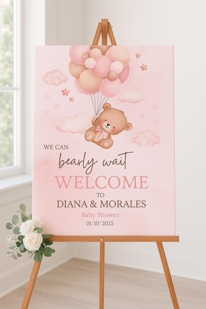 Teddy Bear Baby Shower Welcome Sign: Pink Clouds and Stars (digital ...