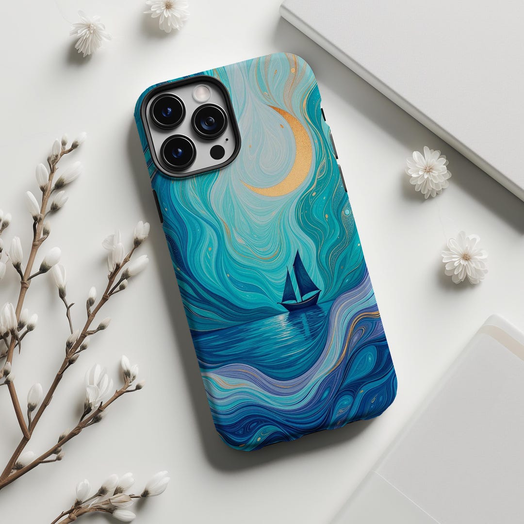 Golden Crescent Moon & Lone Sail Phone Case,impressionism and Modern ...