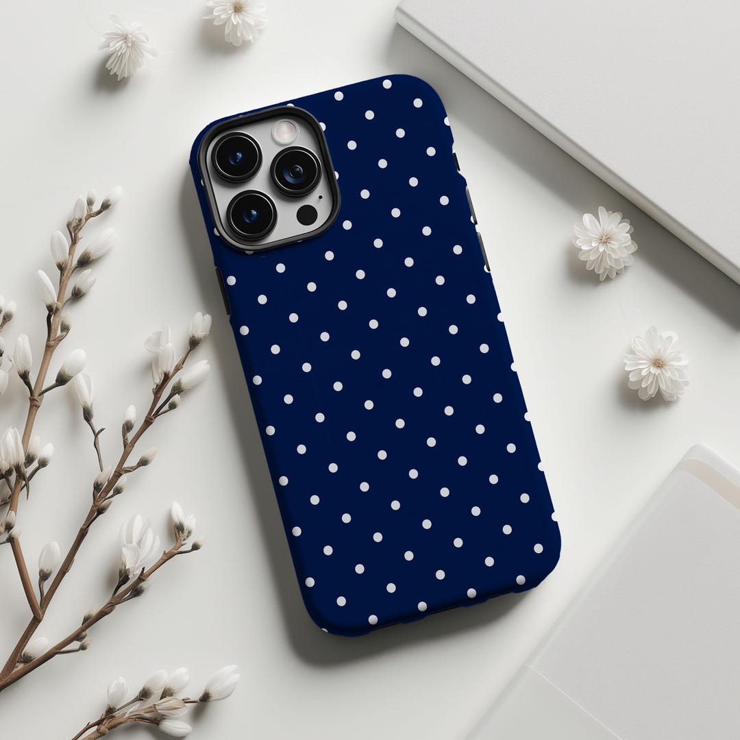 Navy Blue Polka Dot Phone Case for iPhone 17 16 15 14 13 12 11 Pro Max ...
