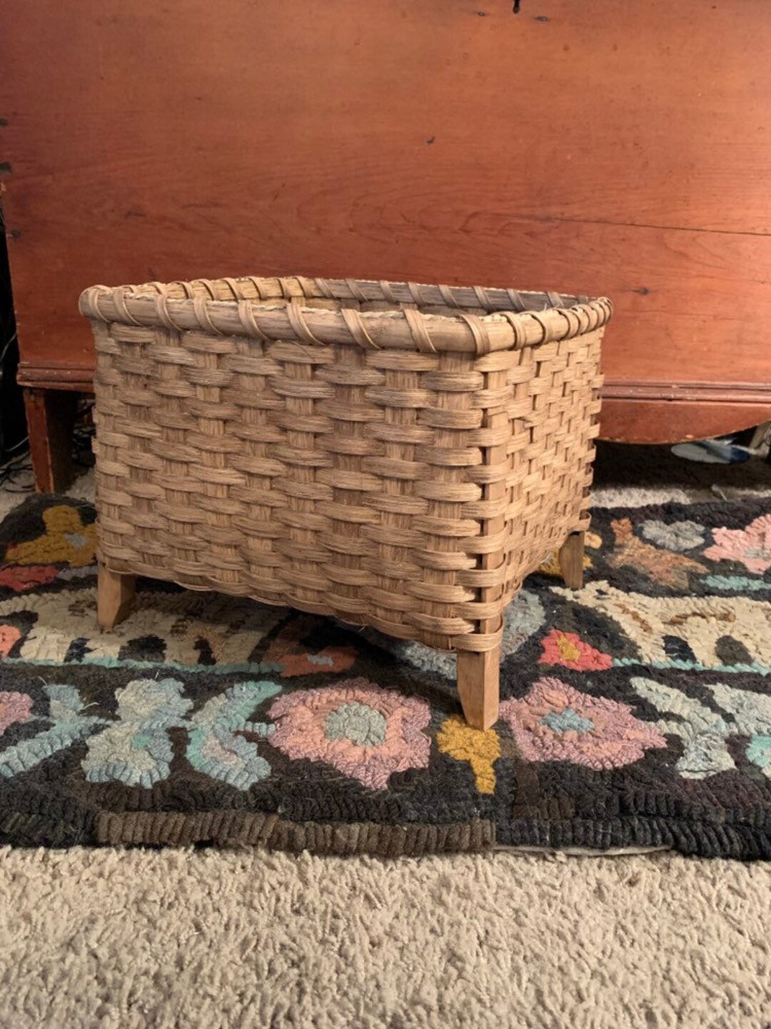 Wool Drying Basket, Black Walnut Stained Woven Basket, Footed Square ...