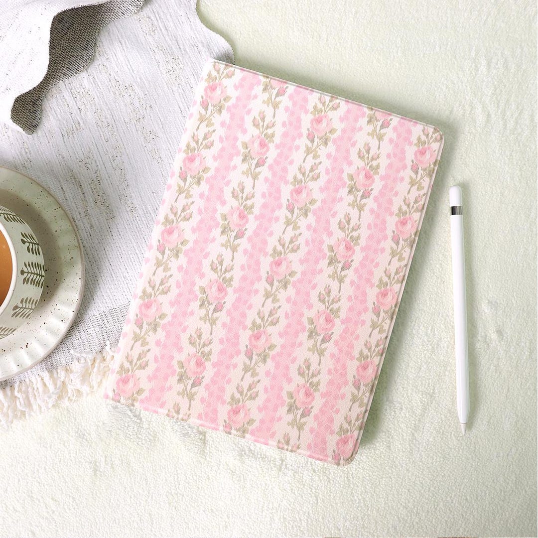Vintage Flowers Pink iPad Case With Pencil Holder for 2025 2024 New A16 ...