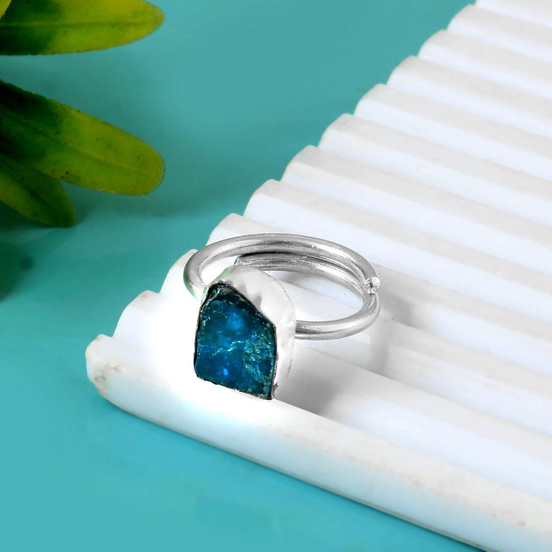 Raw Blue Apatite Ring, Natural Rough Gemstone Adjustable Silver Ring ...