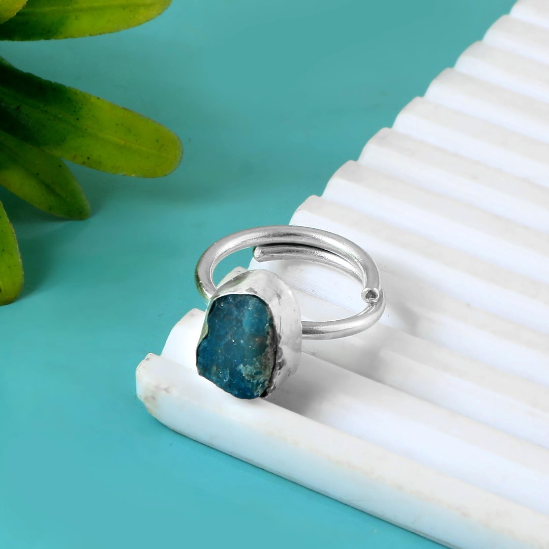 Raw Blue Apatite Ring, Natural Rough Gemstone Adjustable Silver Ring ...