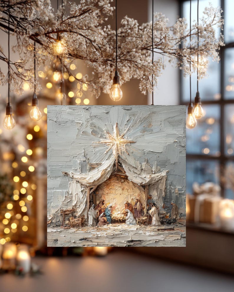 Christmas Star Over Manger Oil Paintingcanvas Print | Impasto Nativity ...