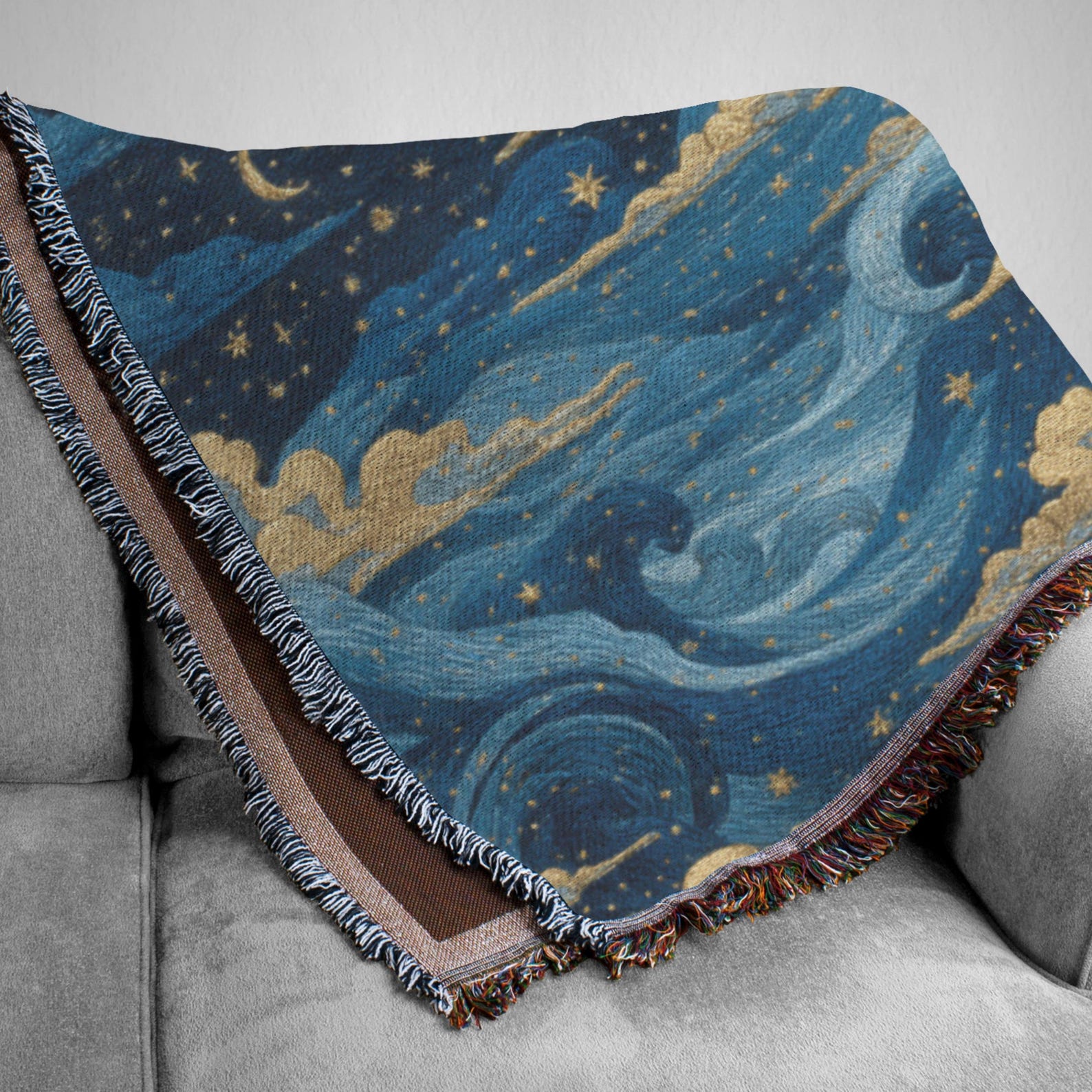 Indigo Starry Sky Woven Blanket – Gold Foil Embroidery, Celestial Throw ...