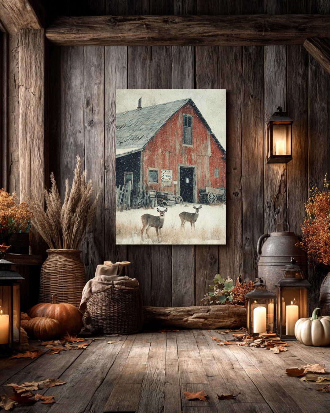 Rustic Barn Canvas: Vintage Deer, Snowfall, American King Logo Art - Etsy