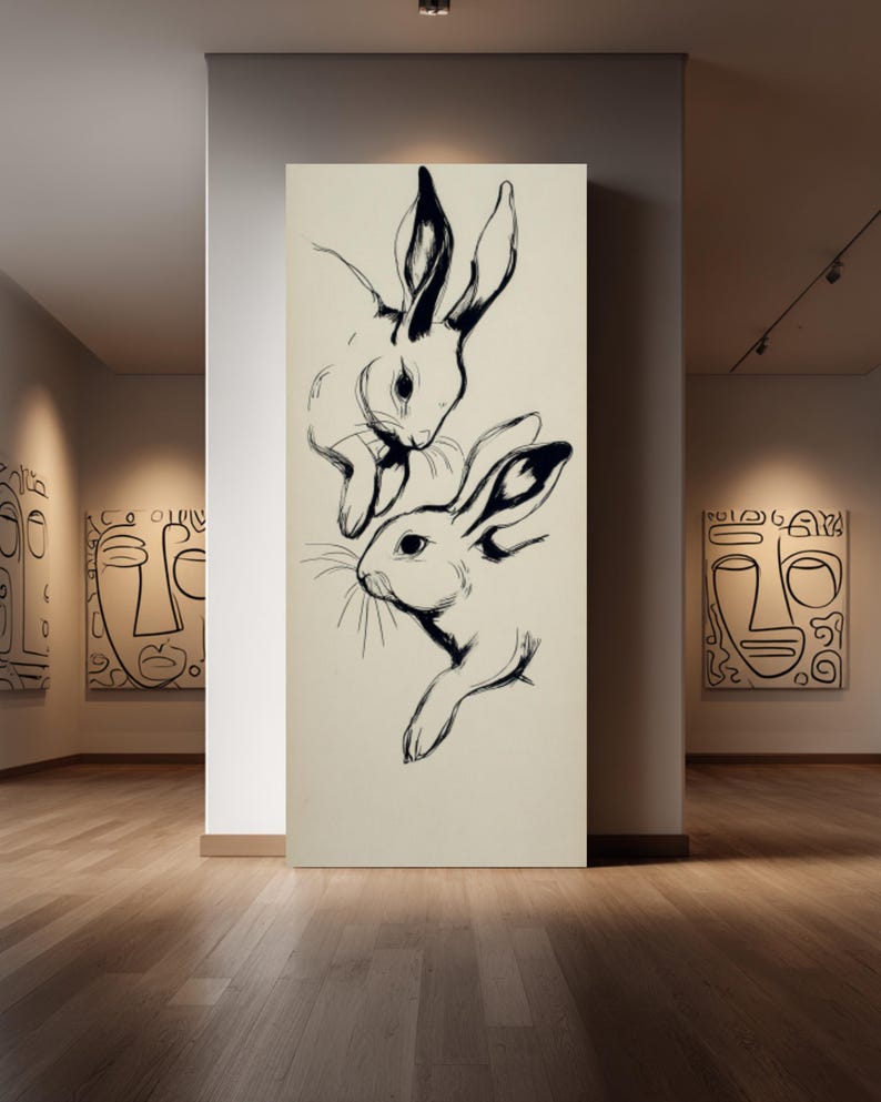 Picasso Style Rabbits Line Art: Minimalist Black Ink Canvas - Etsy