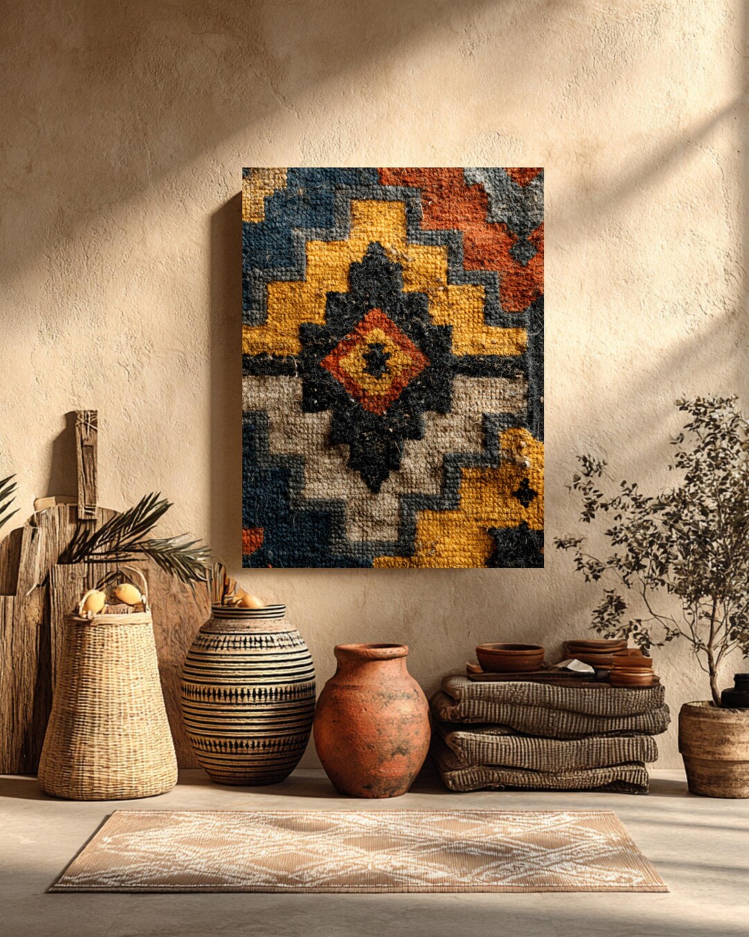Vintage Geometric Rug Art Print | Earthy Tribal Decor - Etsy