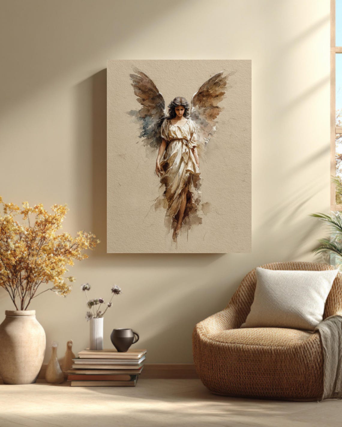 Soft Watercolor Angel Art Print, Pastel Angelic Poster Canvas, Beige ...