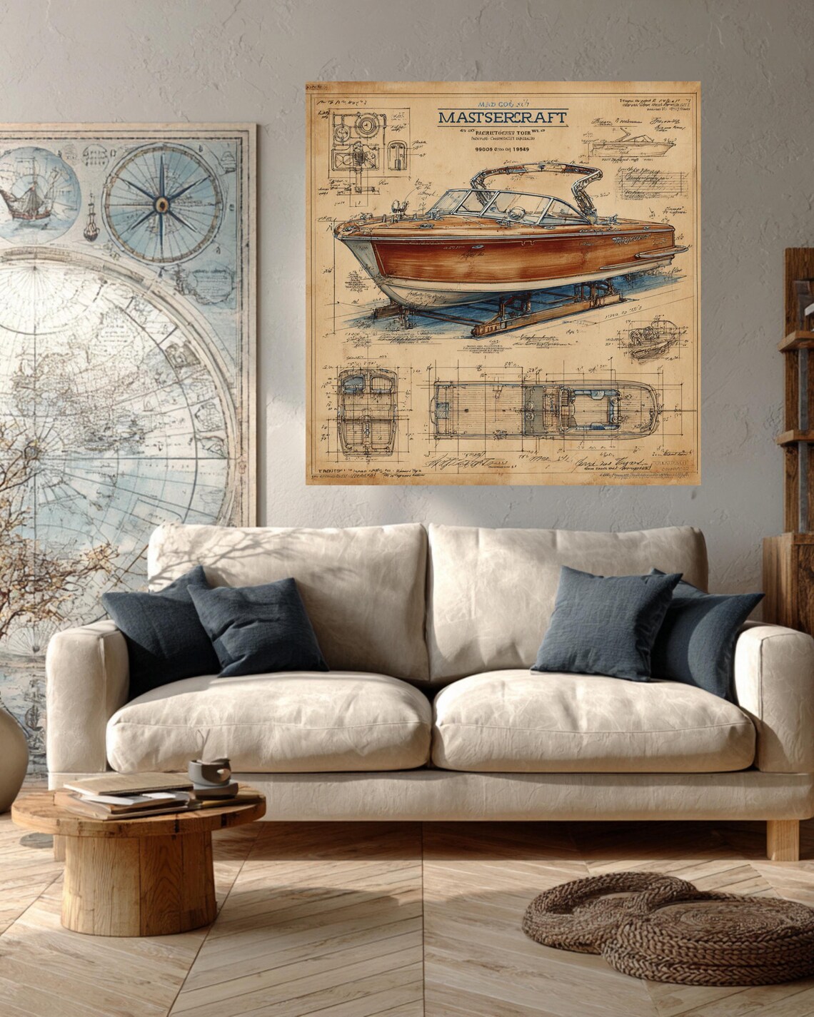 Vintage Mastercraft Ski Boat Blueprint Art: Retro Nautical Wall Decor ...