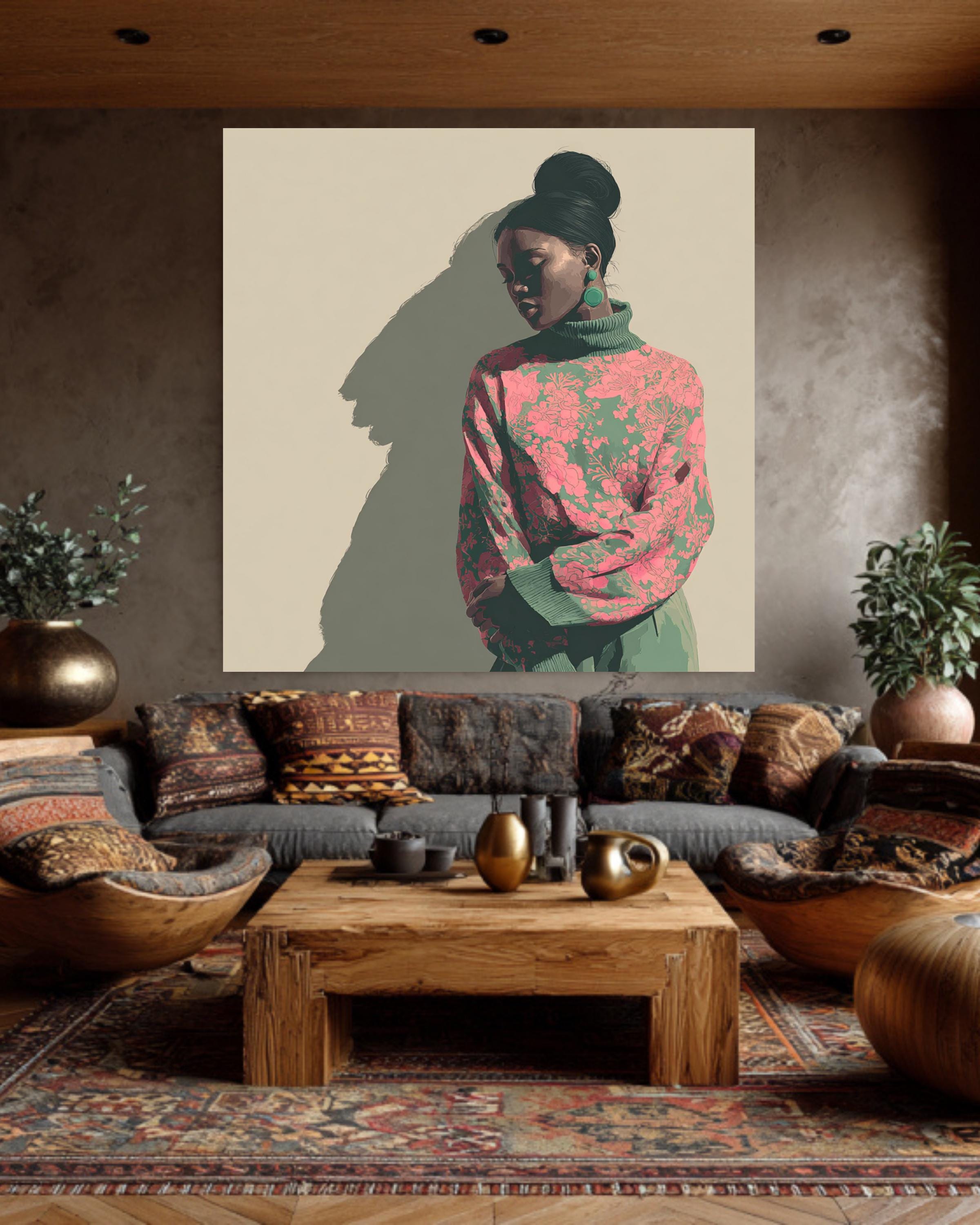 African Woman Pastel Portrait: Pink & Green Sweater Modern Wall Print ...