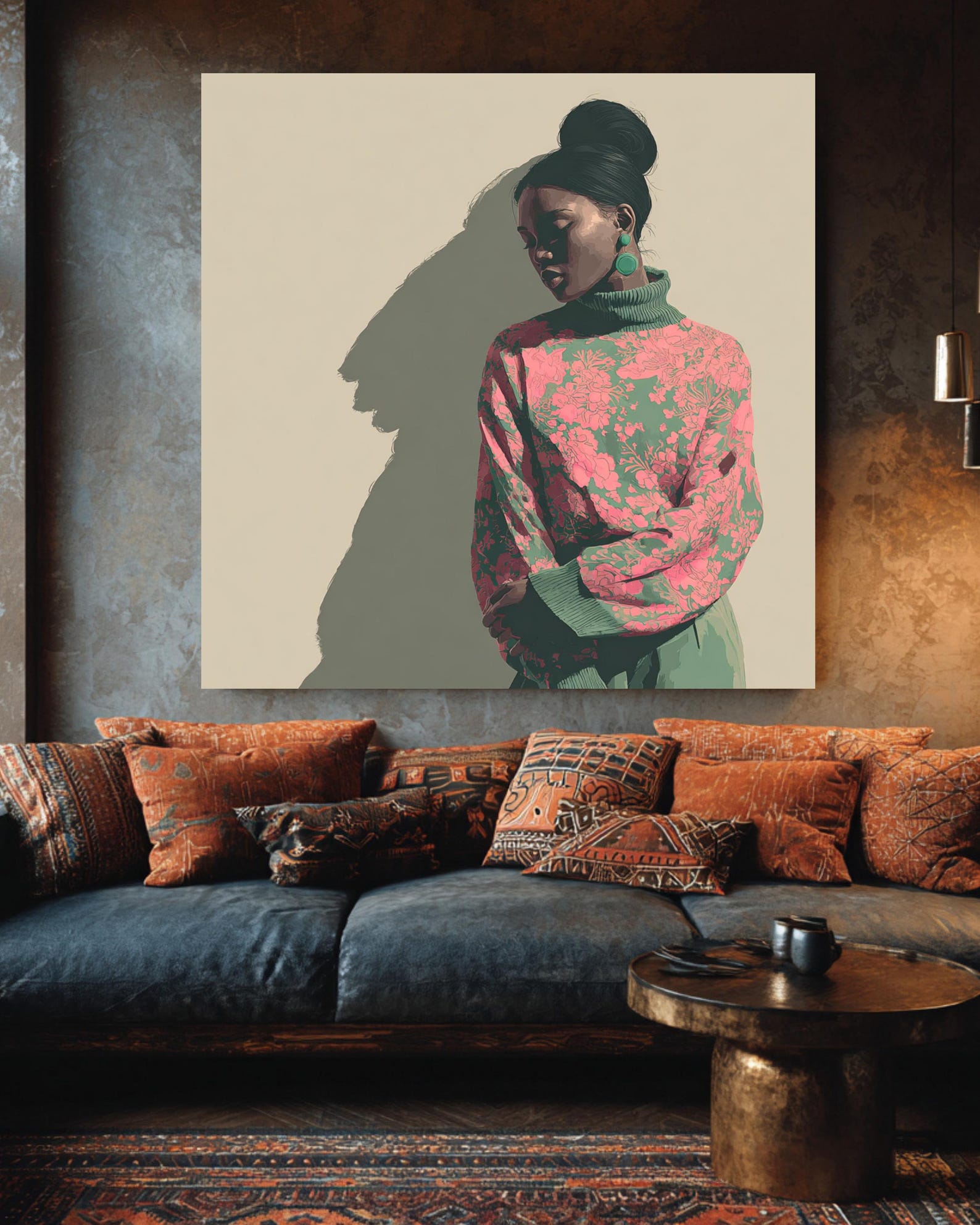 African Woman Pastel Portrait: Pink & Green Sweater Modern Wall Print ...