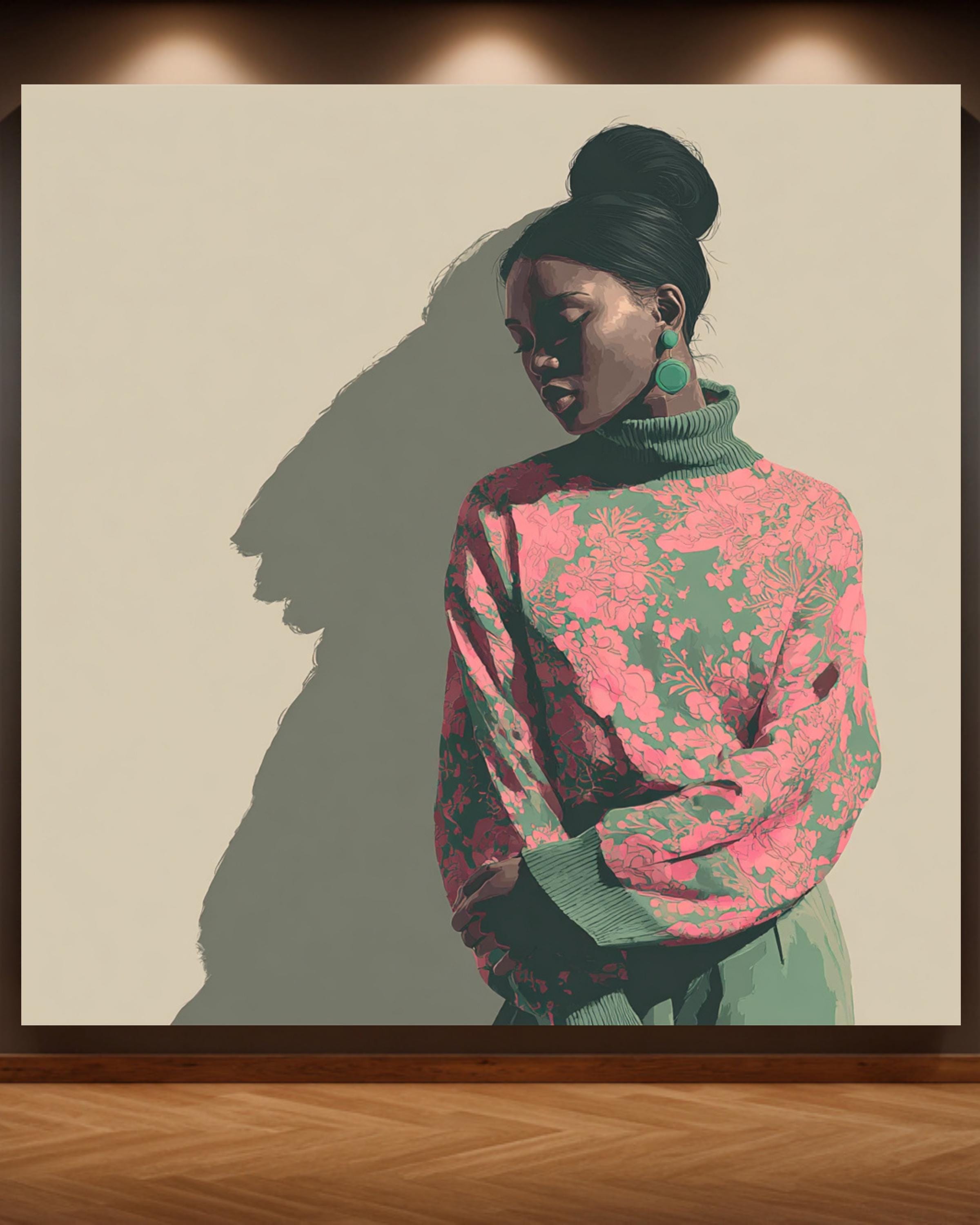 African Woman Pastel Portrait: Pink & Green Sweater Modern Wall Print ...