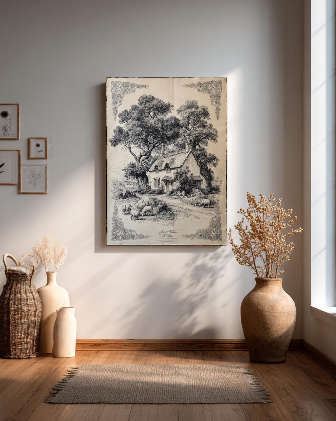 Vintage Pencil Drawing Old English Cottage Trees Sheep Lace Border ...