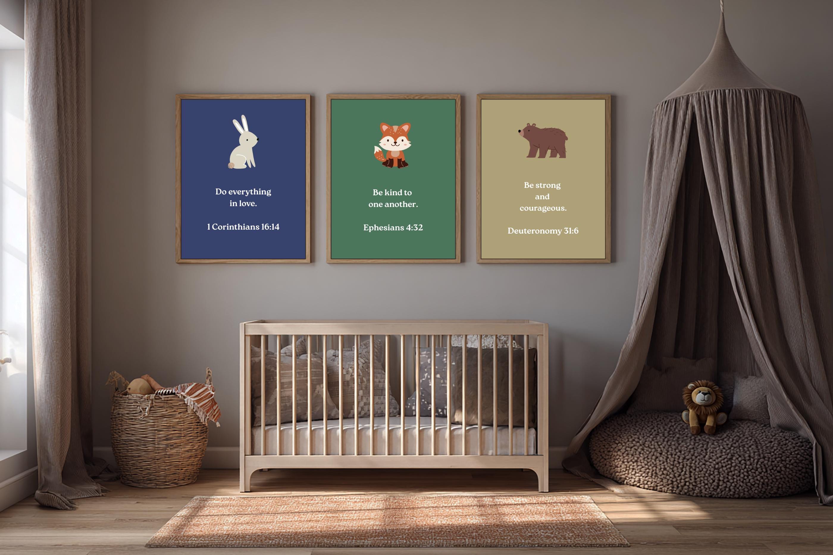 Woodland Animals Bible Verse Wall Art Set - Boys Room Christian Decor ...