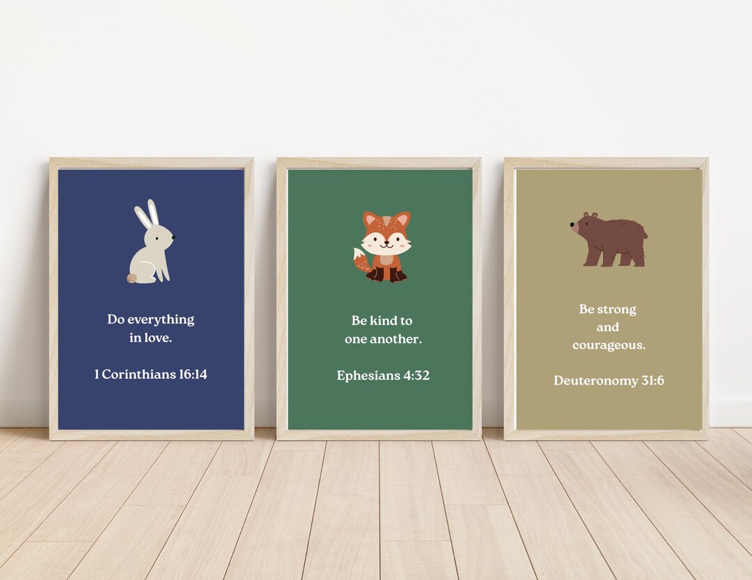 Woodland Animals Bible Verse Wall Art Set - Boys Room Christian Decor ...