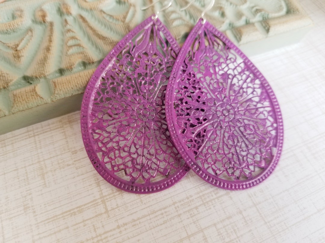 Statement Earrings, Purple Filigree Earrings, Big Purple Earrings ...