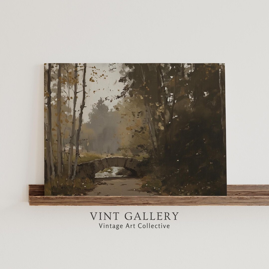 Autumn Forest Stone Bridge Painting | Neutral Cottagecore Wall Art ...