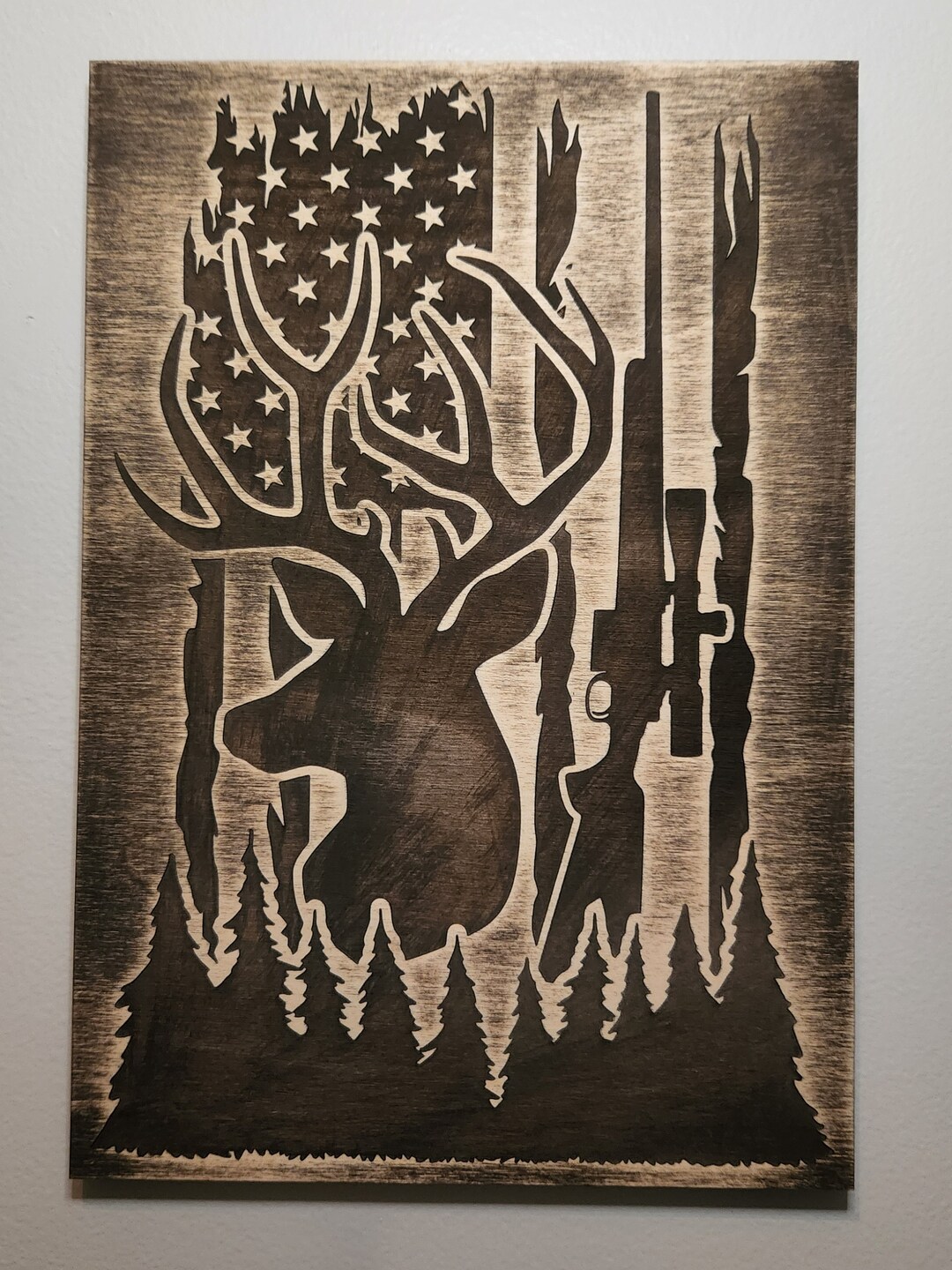 Deer Flag and Gun Wood Sign - Rustic American Hunting Decor ...