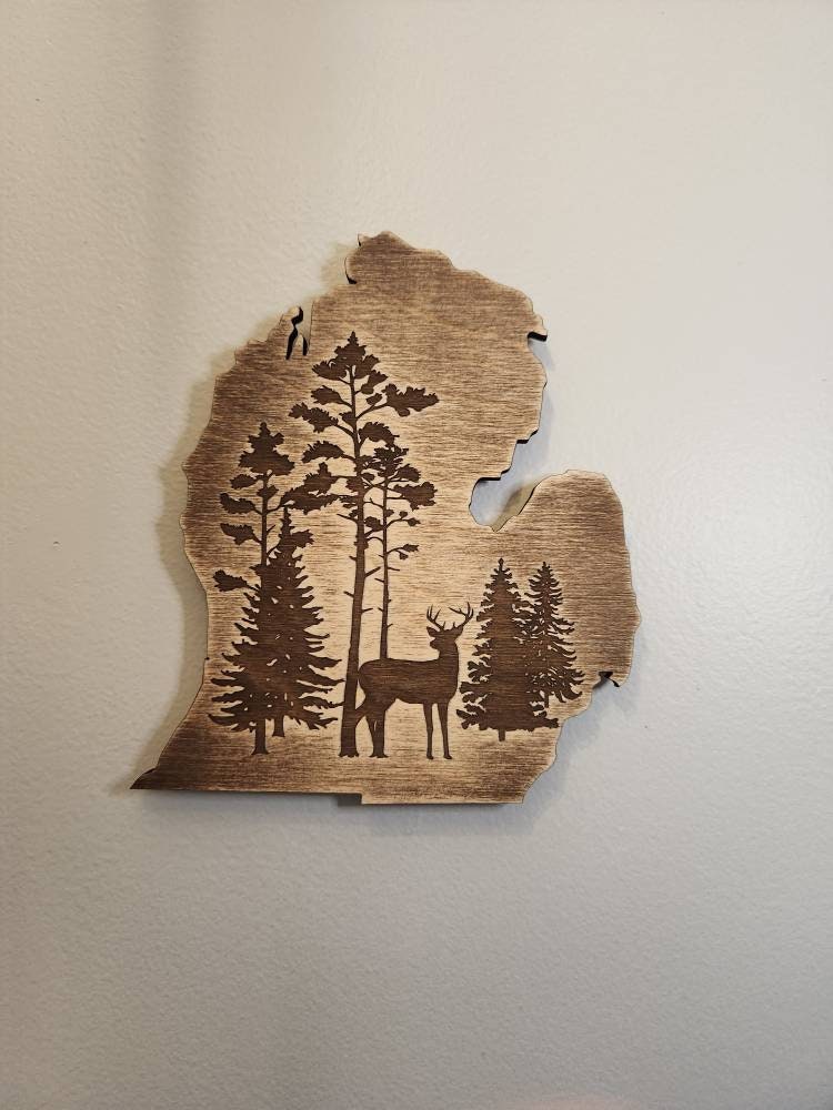 Deer in Trees Michigan Wood Sign - Rustic Wildlife Wall Art ...