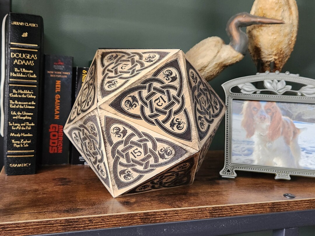 Large D20 Dice Box - Celtic Dragon Engraved Wood Case - RPG Tabletop ...