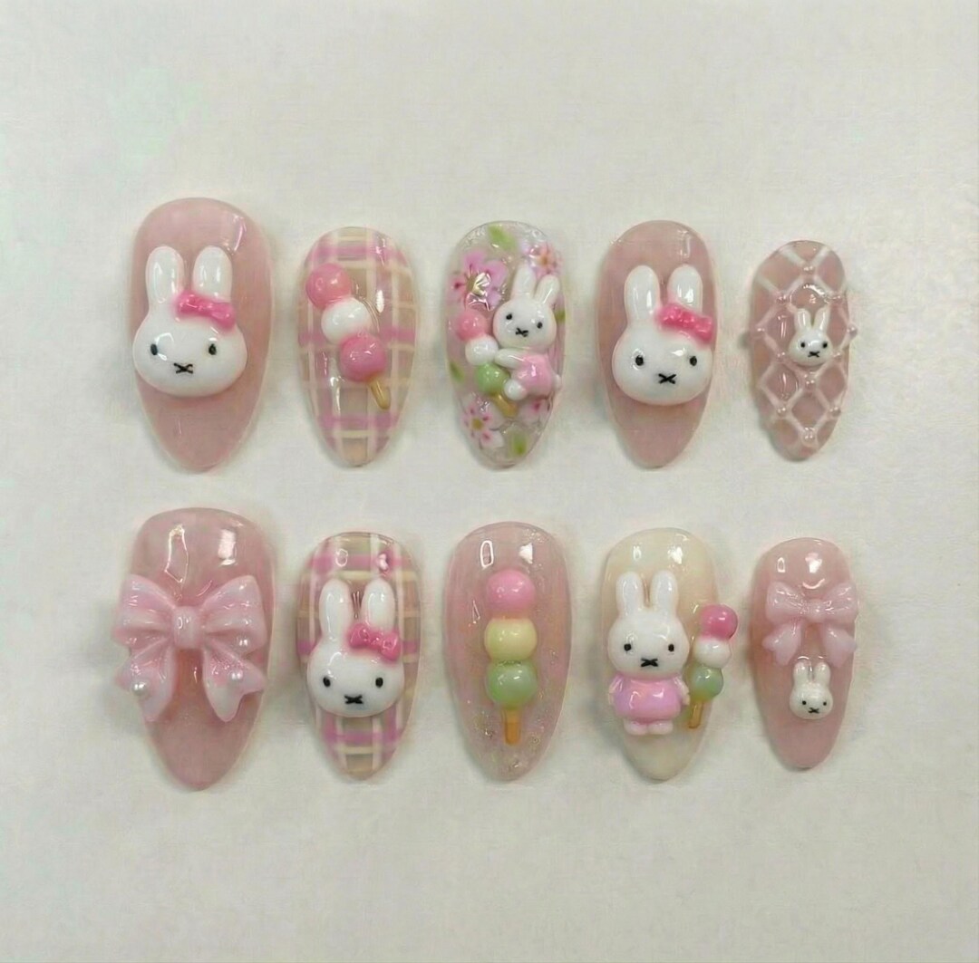 Miffy Bunny Sakura Press on Nails | 3D Japanese Dango and Pink Bow Nail ...
