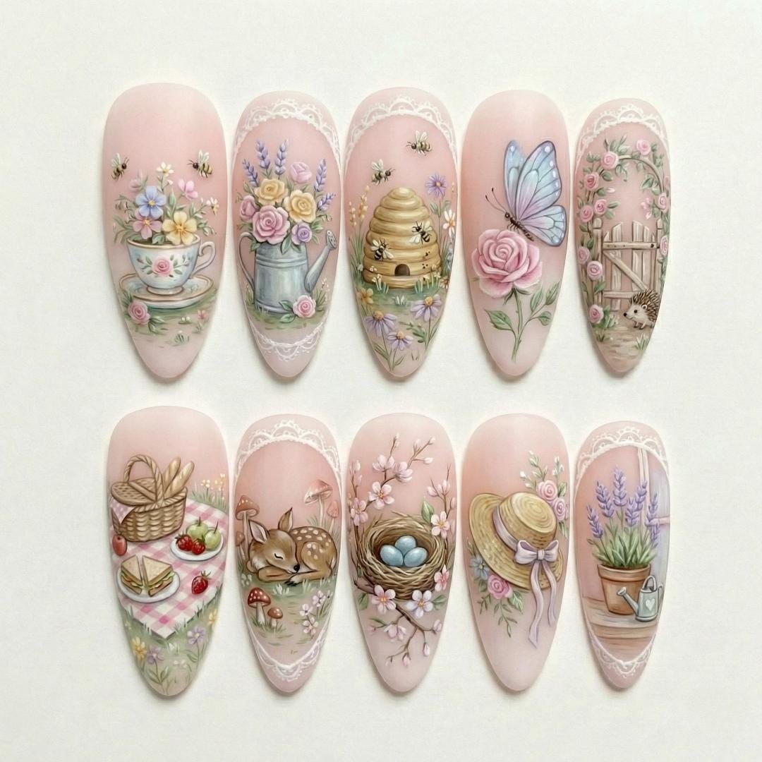Cottagecore Garden Press on Nails | Hand Painted Floral Tea Party Fake ...