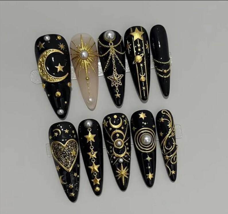 Celestial Moon and Stars Press on Nails | Black and Gold Gothic Fake ...