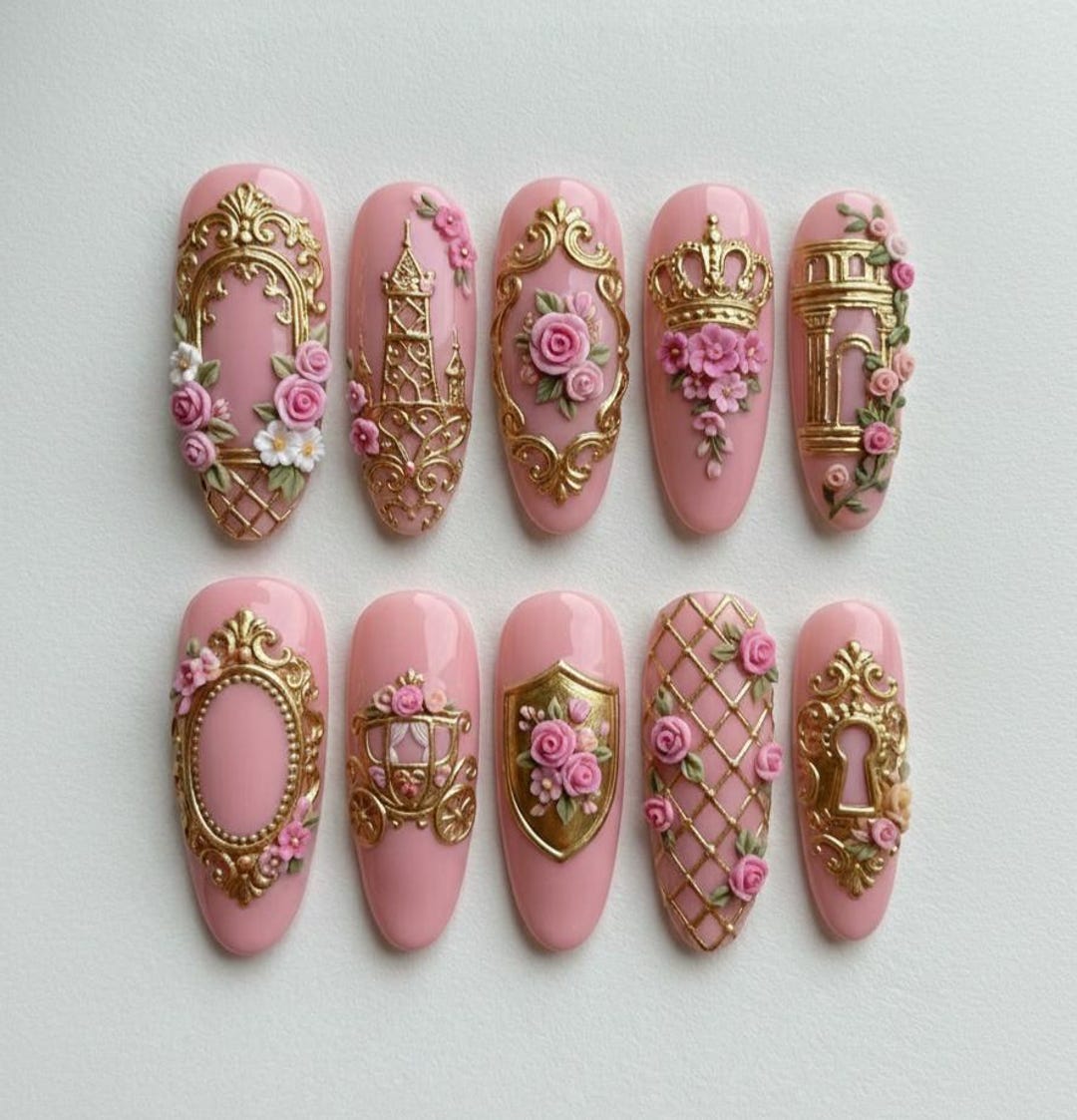 Royal Pink and Gold Press on Nails | Luxury 3D Rose Queen Nails ...